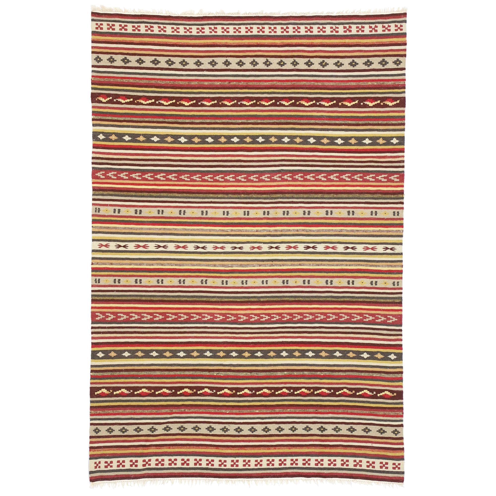 Vintage Turkish Striped Kilim Rug with Modern Cabin Style, Flat-weave ...