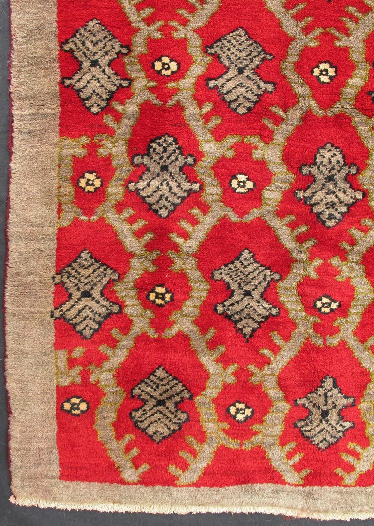 Vintage Turkish Tulu Rug with a Modern Design in Red Background For ...