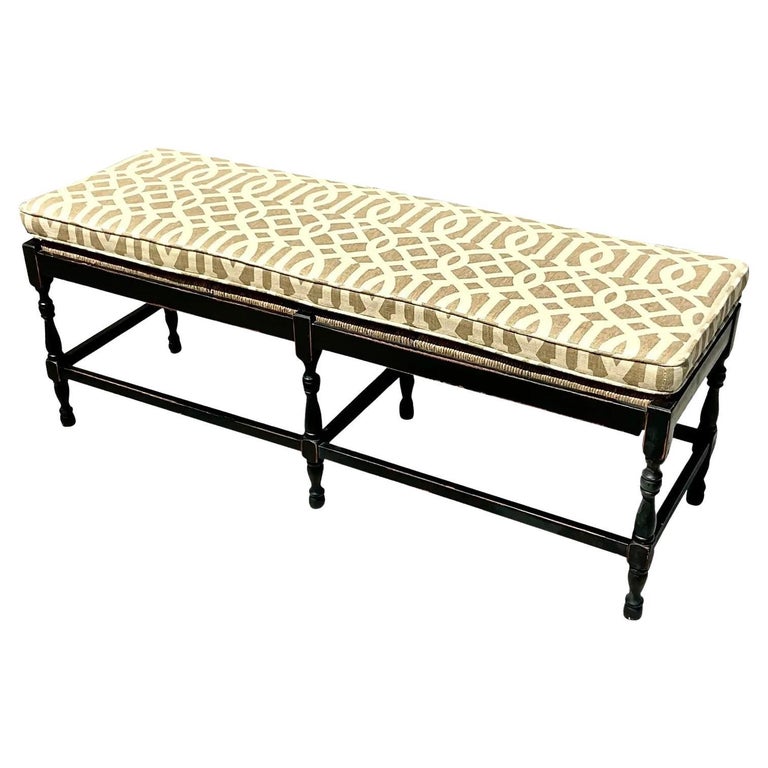 Vintage Turned Leg Rush Seat Long Bench With Clarence House Cushion at ...