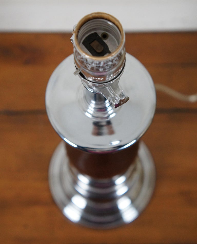 Vintage Turned Oak and Chrome Trophy Column Table Lamp For Sale at 1stDibs