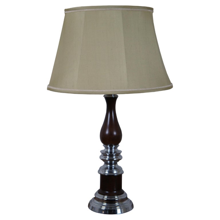 Vintage Turned Oak and Chrome Trophy Column Table Lamp For Sale at 1stDibs