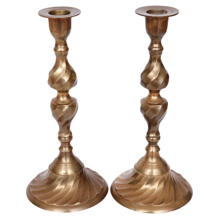 Vintage Turned Twisted Brass Candlesticks, a Pair For Sale at 1stDibs