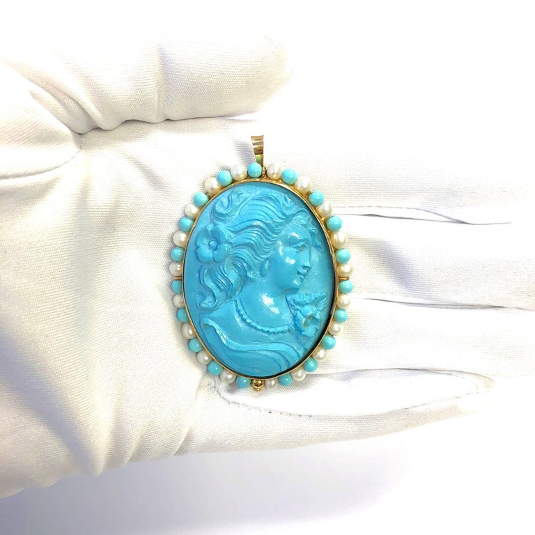 Vintage Turquoise and Pearl Gold Cameo Pin Pendant at 1stDibs ...
