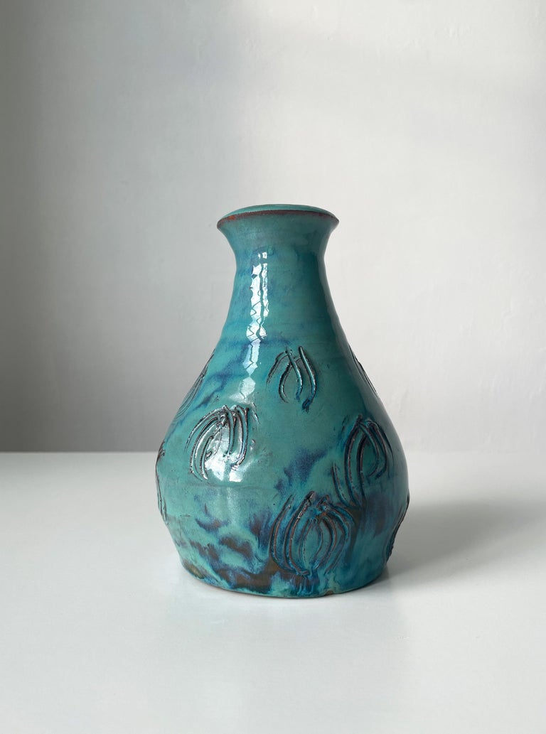 Vintage Turquoise Ceramic Vase with Organic Decor For Sale at 1stDibs