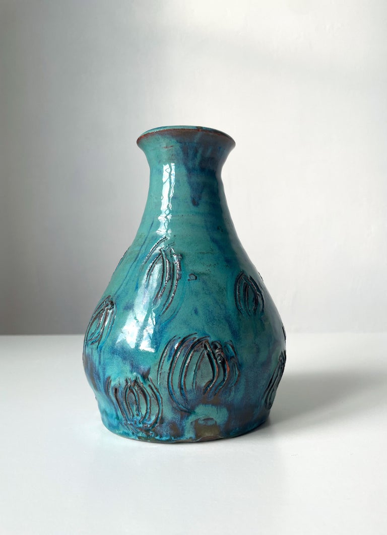 Vintage Turquoise Ceramic Vase with Organic Decor For Sale at 1stDibs