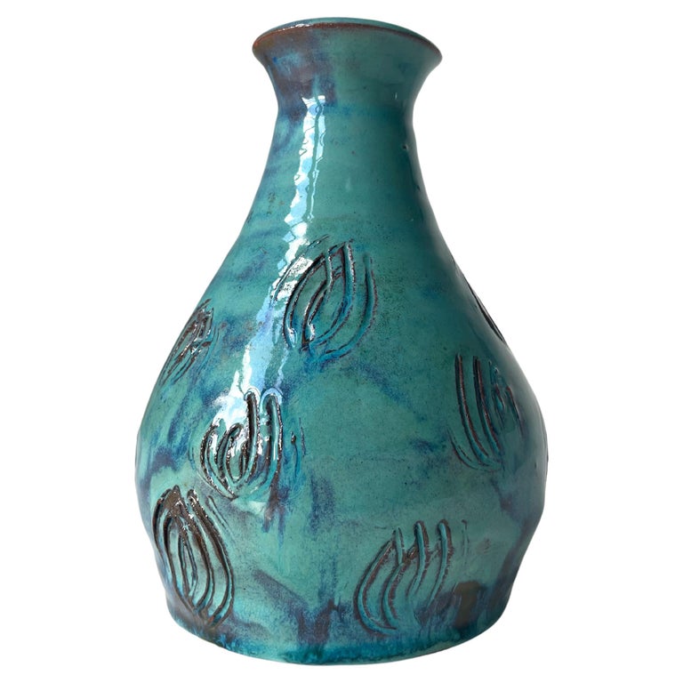 Vintage Turquoise Ceramic Vase with Organic Decor For Sale at 1stDibs