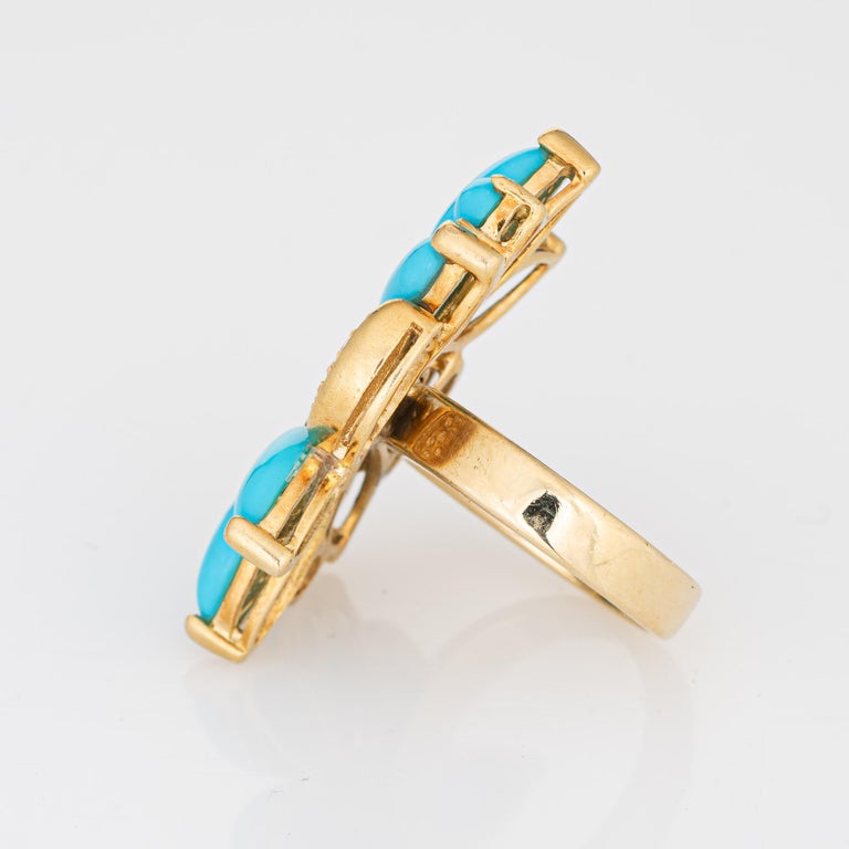 Vintage Turquoise Cluster Ring Diamond 18k Yellow Gold Large Cocktail ...