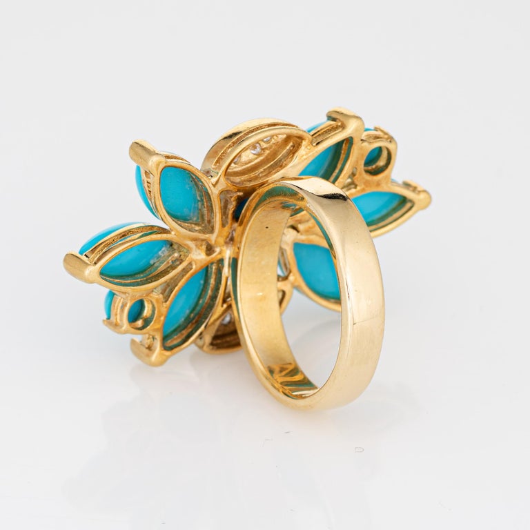 Vintage Turquoise Cluster Ring Diamond 18k Yellow Gold Large Cocktail ...