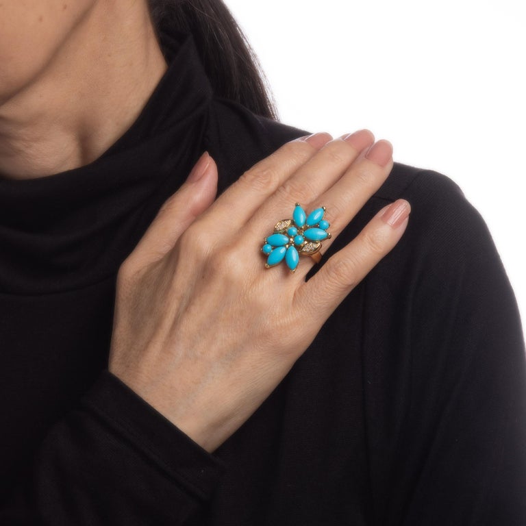 Vintage Turquoise Cluster Ring Diamond 18k Yellow Gold Large Cocktail ...