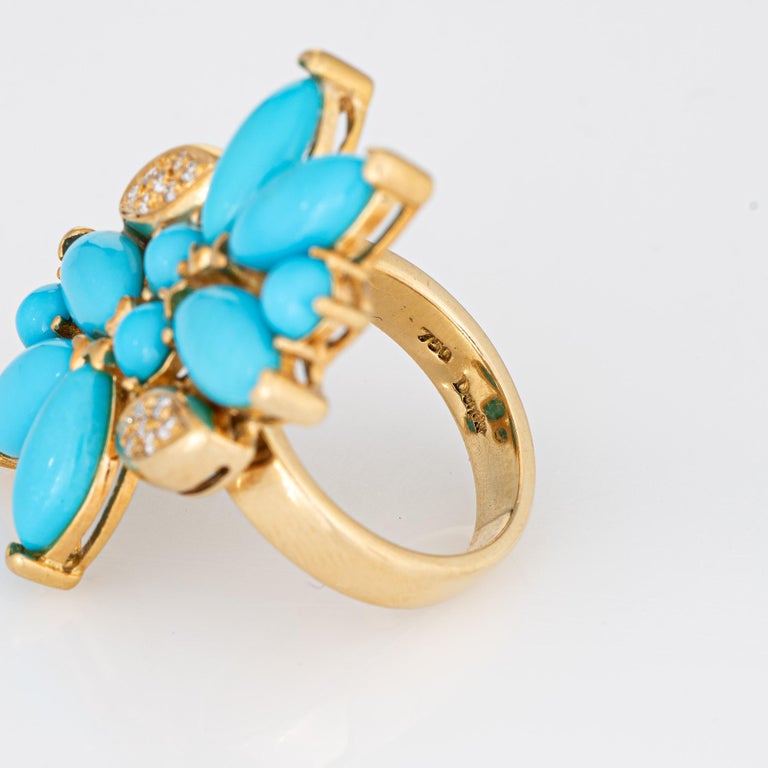 Vintage Turquoise Cluster Ring Diamond 18k Yellow Gold Large Cocktail ...