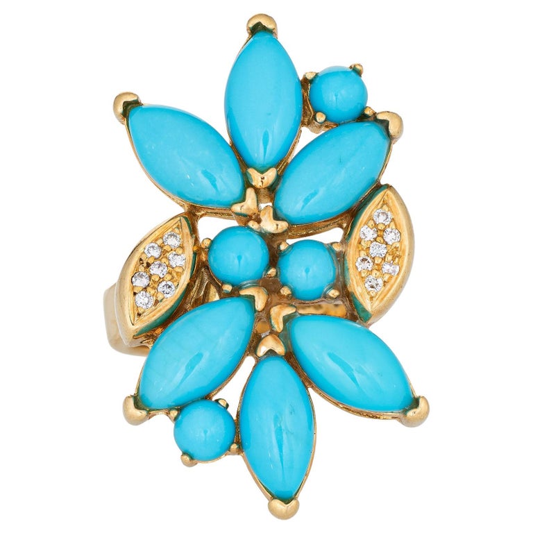 Vintage Turquoise Cluster Ring Diamond 18k Yellow Gold Large Cocktail ...