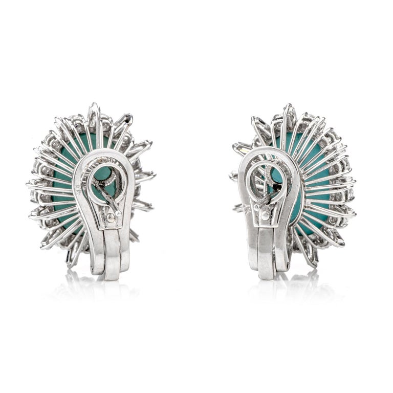 Vintage Turquoise Diamond 18 Karat Omega Clip Earrings For Sale at 1stdibs