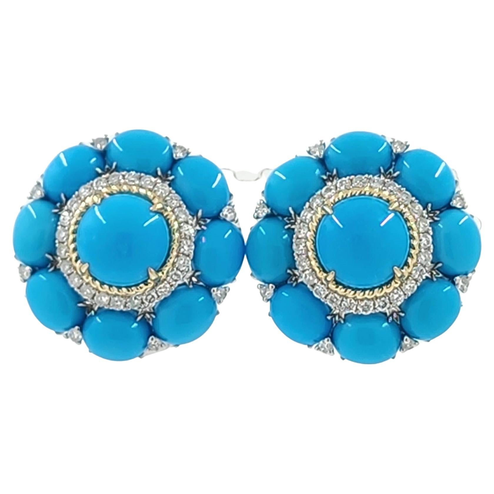 Vintage Turquoise Diamond Earrings in 14 Karat Yellow and White Gold ...