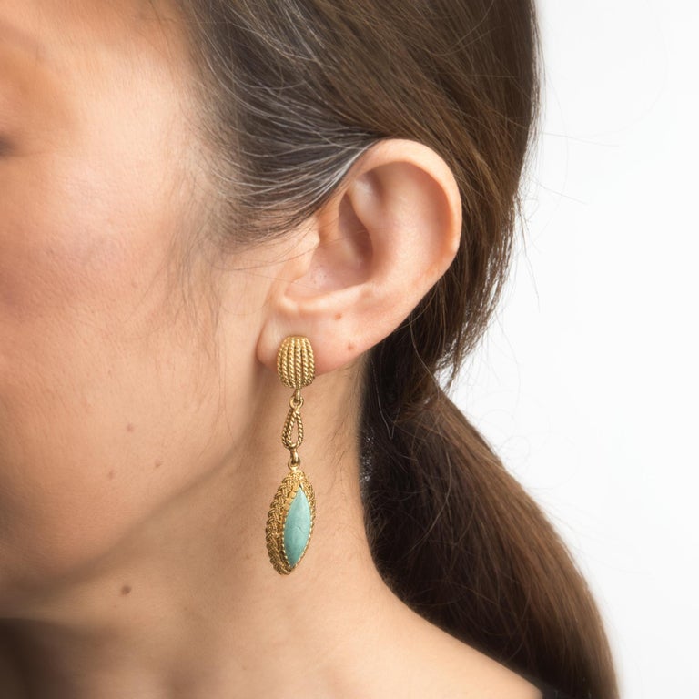 Vintage Turquoise Drop Earrings 22k Yellow Gold Rope Design Dangle ...