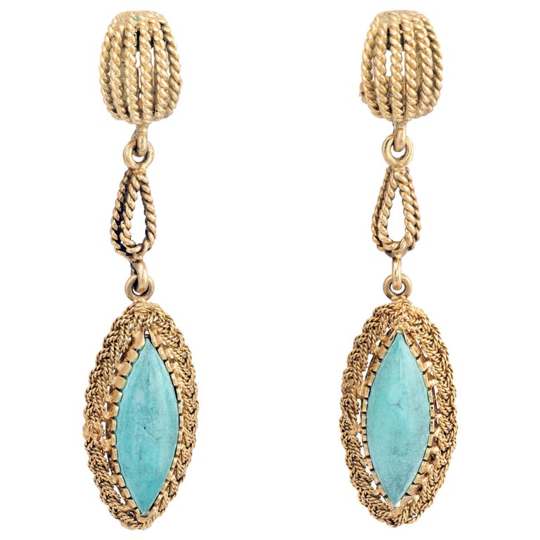 Vintage Turquoise Drop Earrings 22k Yellow Gold Rope Design Dangle ...