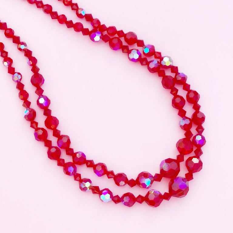 Vintage Two Strand Aurora Borealis Ruby Red Crystal Necklace, 1960s at ...