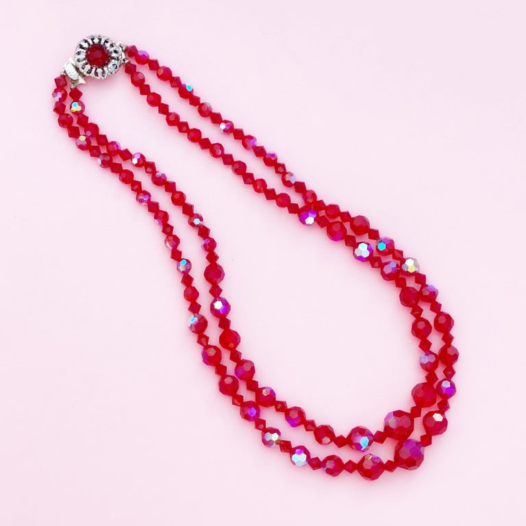 Vintage Two Strand Aurora Borealis Ruby Red Crystal Necklace, 1960s at ...