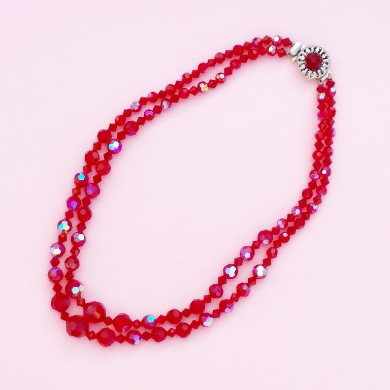 Vintage Two Strand Aurora Borealis Ruby Red Crystal Necklace, 1960s at ...
