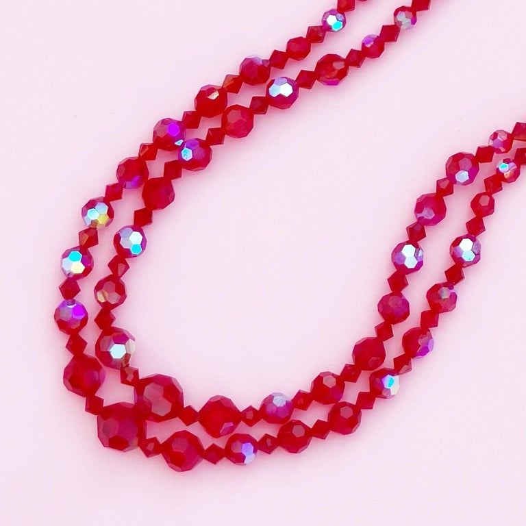 Vintage Two Strand Aurora Borealis Ruby Red Crystal Necklace, 1960s at ...