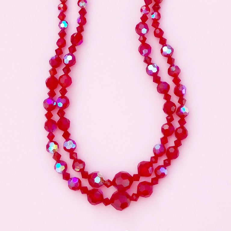 Vintage Two Strand Aurora Borealis Ruby Red Crystal Necklace, 1960s at ...