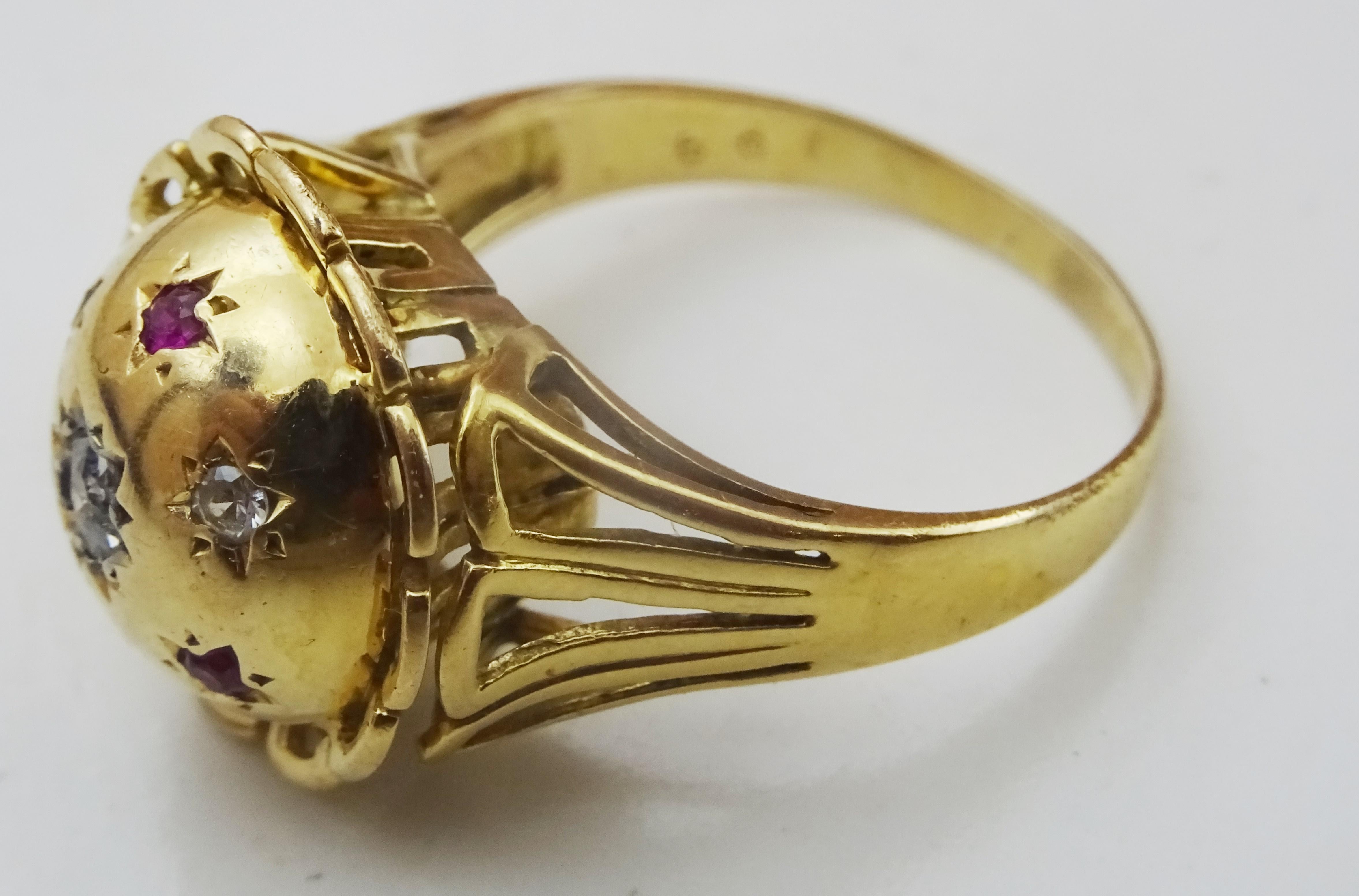 Vintage Unique 18 karat Gold Dome Ring with Diamonds and rubies. For ...