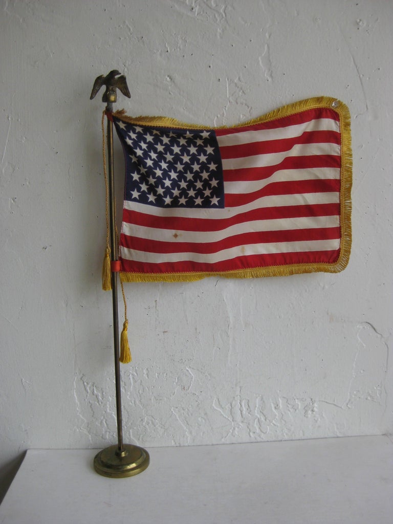 Vintage United States Military Desk 50 Star American Silk Flag on Brass ...