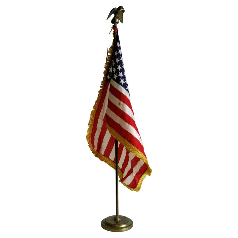 Vintage United States Military Desk 50 Star American Silk Flag on Brass ...