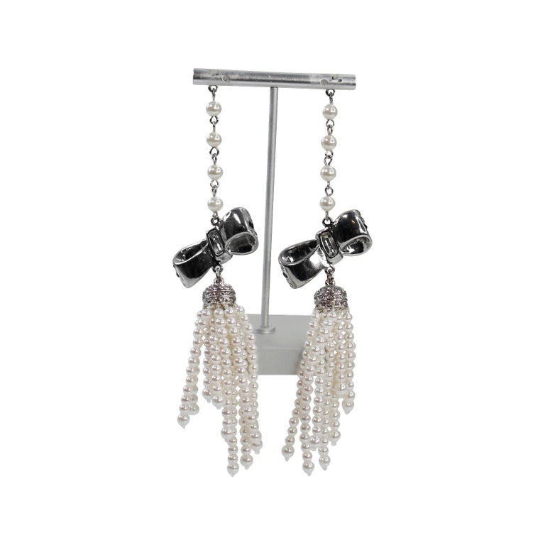 Vintage Unsigned Long Dangling Pearl and Rhinestone Bow Earring, Circa ...