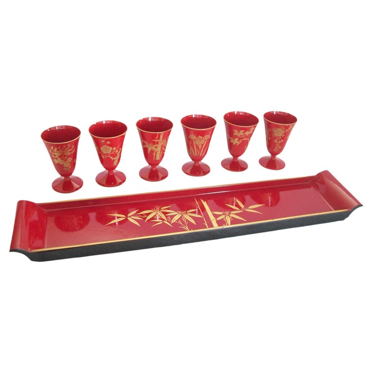 Vintage Urushi Red and Gilt Lacquer Tray and Six Cups with Box - Japan ...