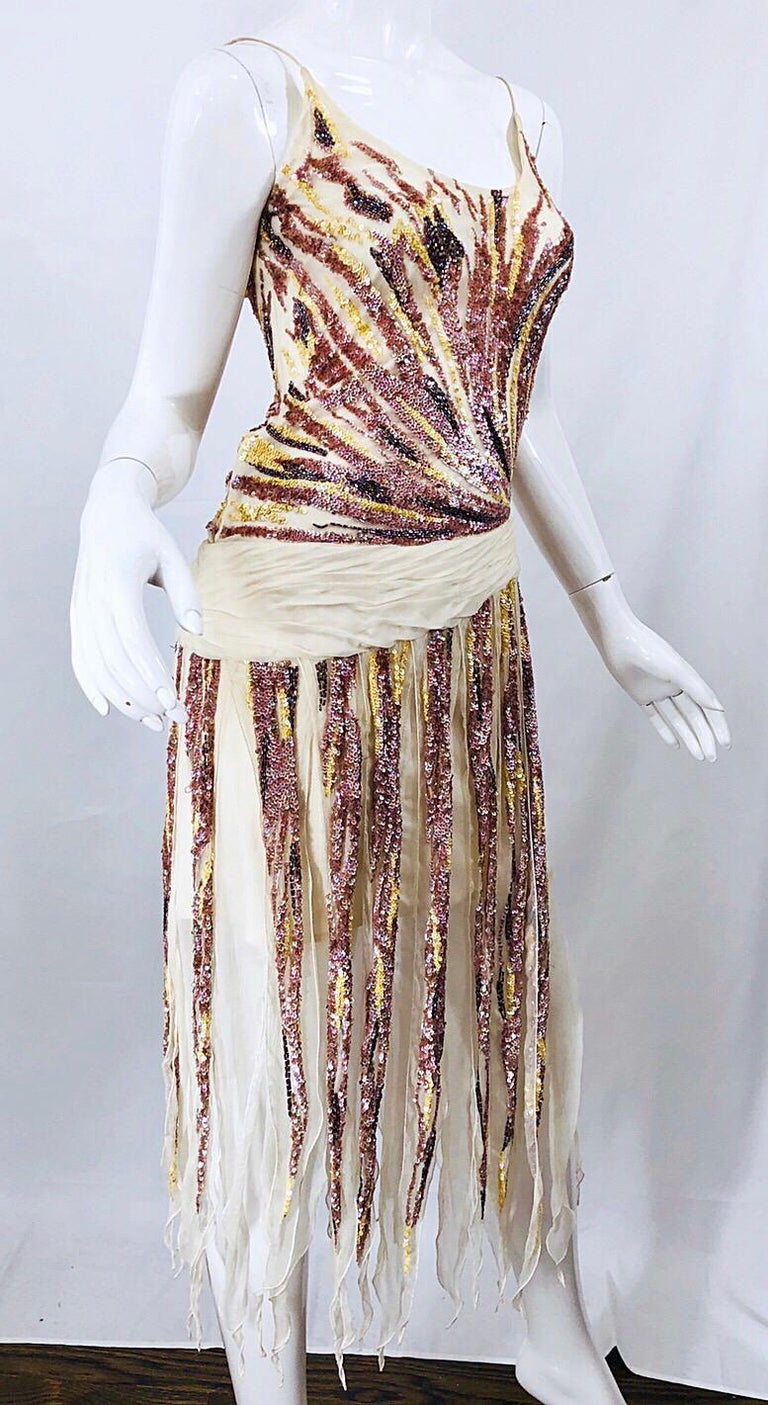 Vintage Valentino Sequined Flapper 20s Style Car Wash Hem Chiffon Dress ...