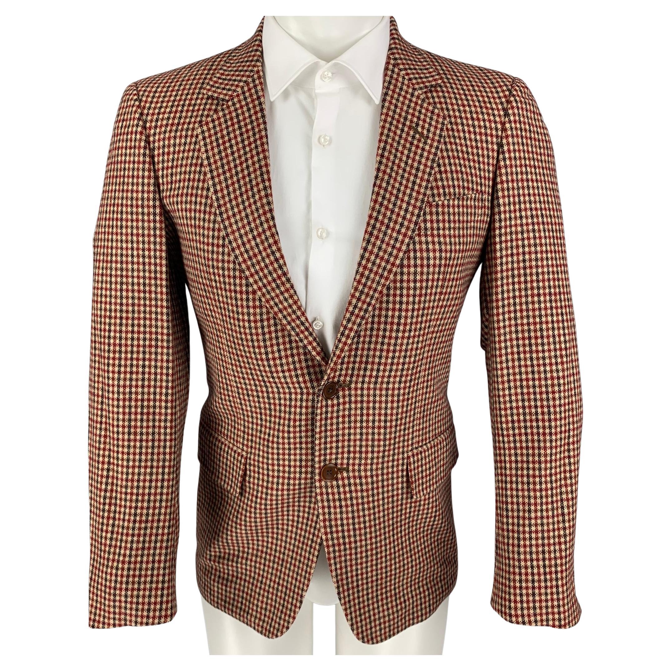 Vintage VALENTINO Size 34 Tan Burgundy Brown Plaid Wool Notch Lapel ...