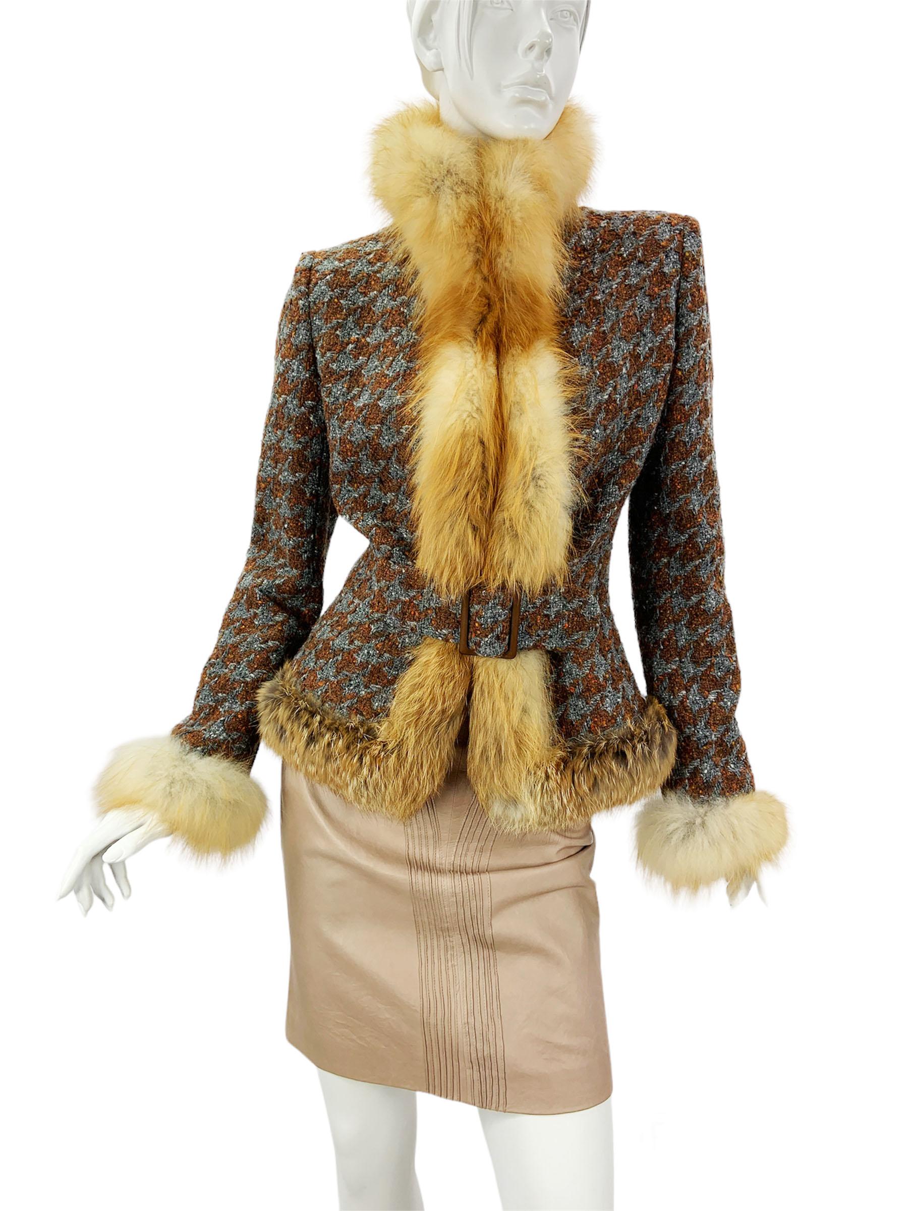 Vintage Valentino Tweed Wool Fur Trim Fitted Jacket with Belt US size 6 ...