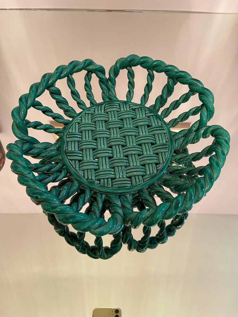 Vintage Vallauris Woven Ceramic Basket in Green Glaze, France, 1940's ...