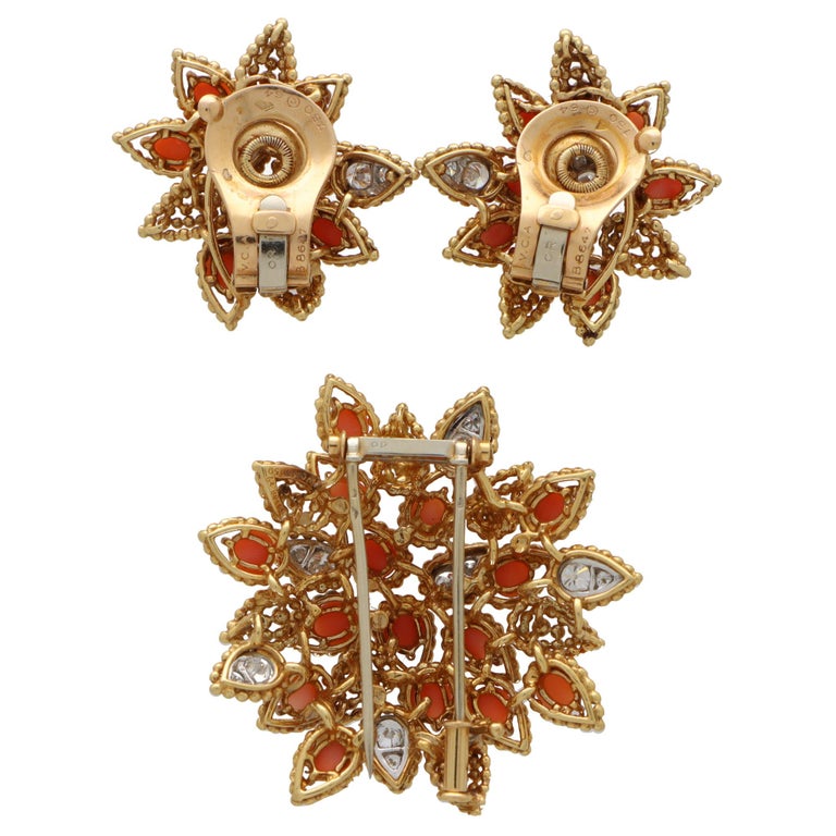 Vintage Van Cleef and Arpels Coral and Diamond Earring and Brooch Set ...