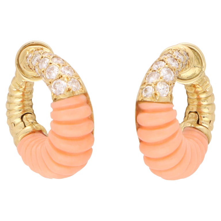 Vintage Van Cleef and Arpels Coral and Diamond Hoop Earrings in 18k ...