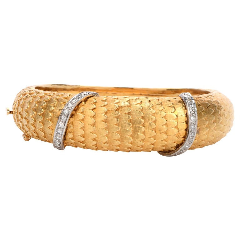 Vintage Van Gogh Diamond 18 Karat Gold Feather Motif Bangle Bracelet ...