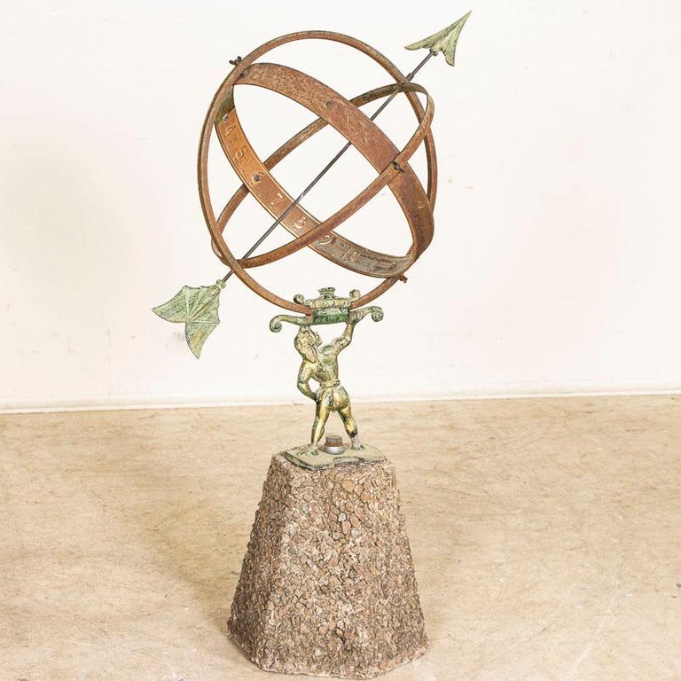Vintage Verdigris Sun Clock Armillary Sun Dial on Pedestal with Atlas ...