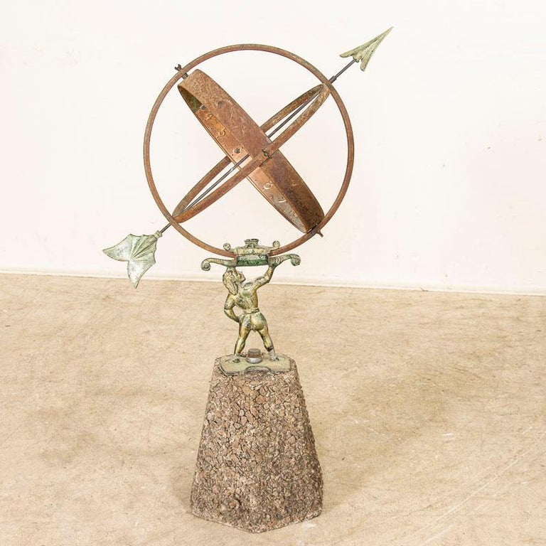Vintage Verdigris Sun Clock Armillary Sun Dial on Pedestal with Atlas ...