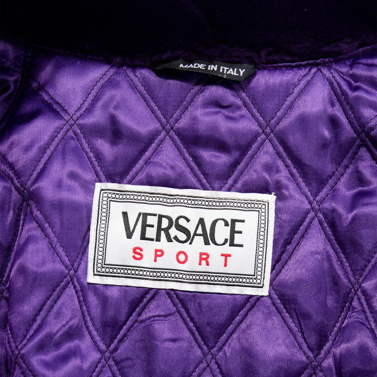 Vintage Versace Colorful Silk Trench Coat w Purple Faux Fur Cuffs and ...