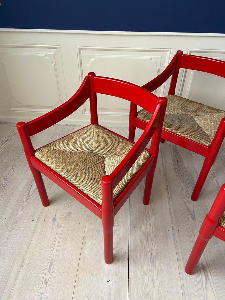 Vintage Vico Magistretti Carimate Dining Chairs in Red Painted Wood ...