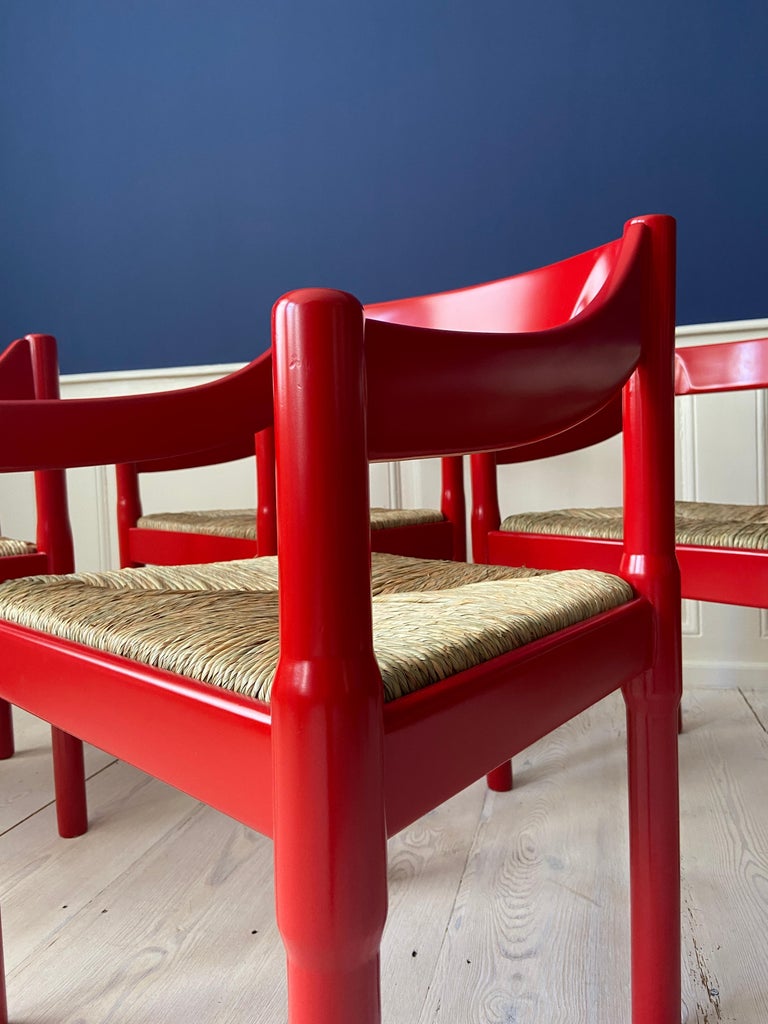 Vintage Vico Magistretti Carimate Dining Chairs in Red Painted Wood ...