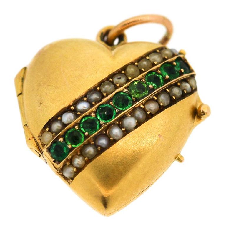 Vintage Victorian 14 Karat Gold Pearl Demantoid Heart Locket Pendant at ...