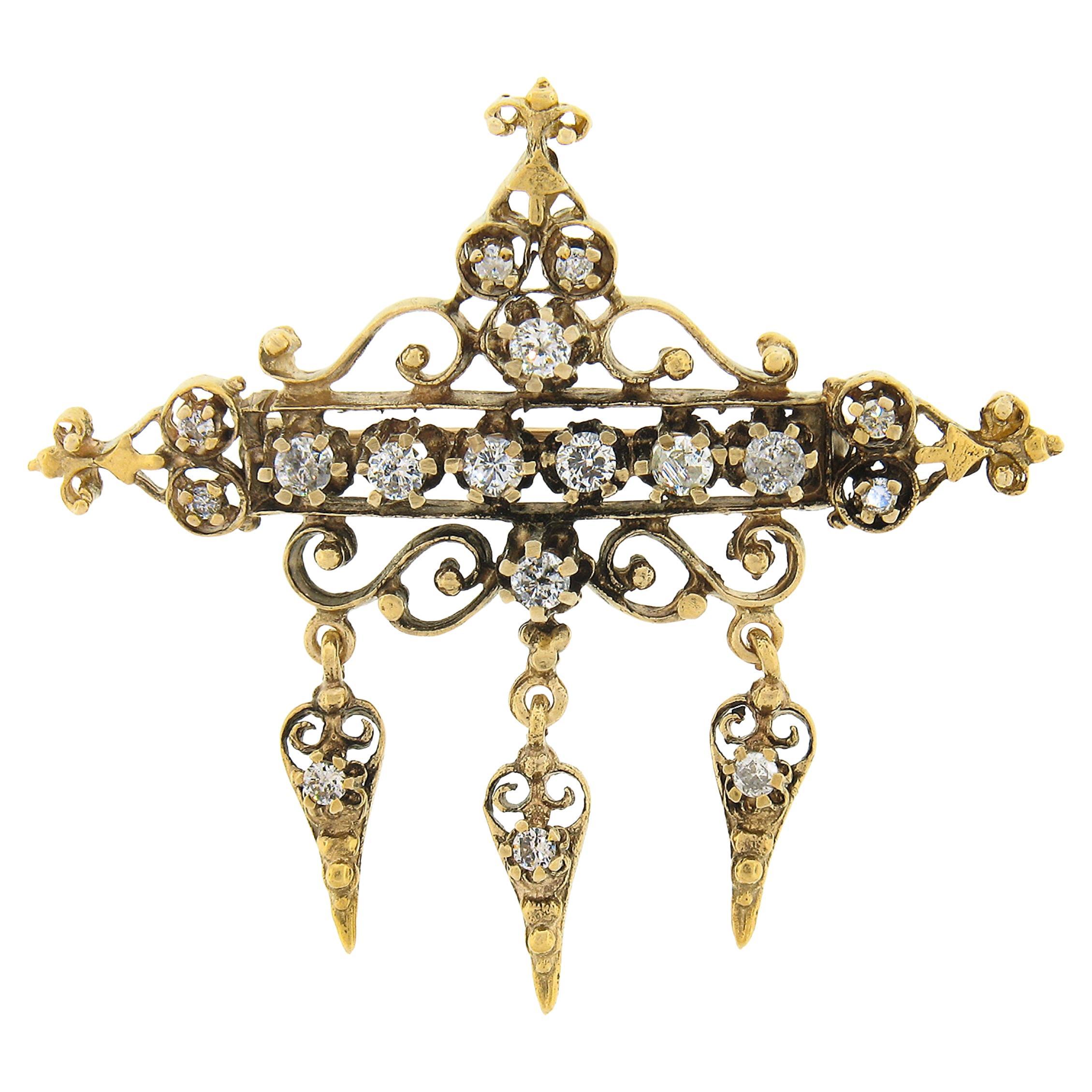 Vintage Victorian Revival 14k Yellow Gold .85ctw Old Diamond Dangle Pin ...