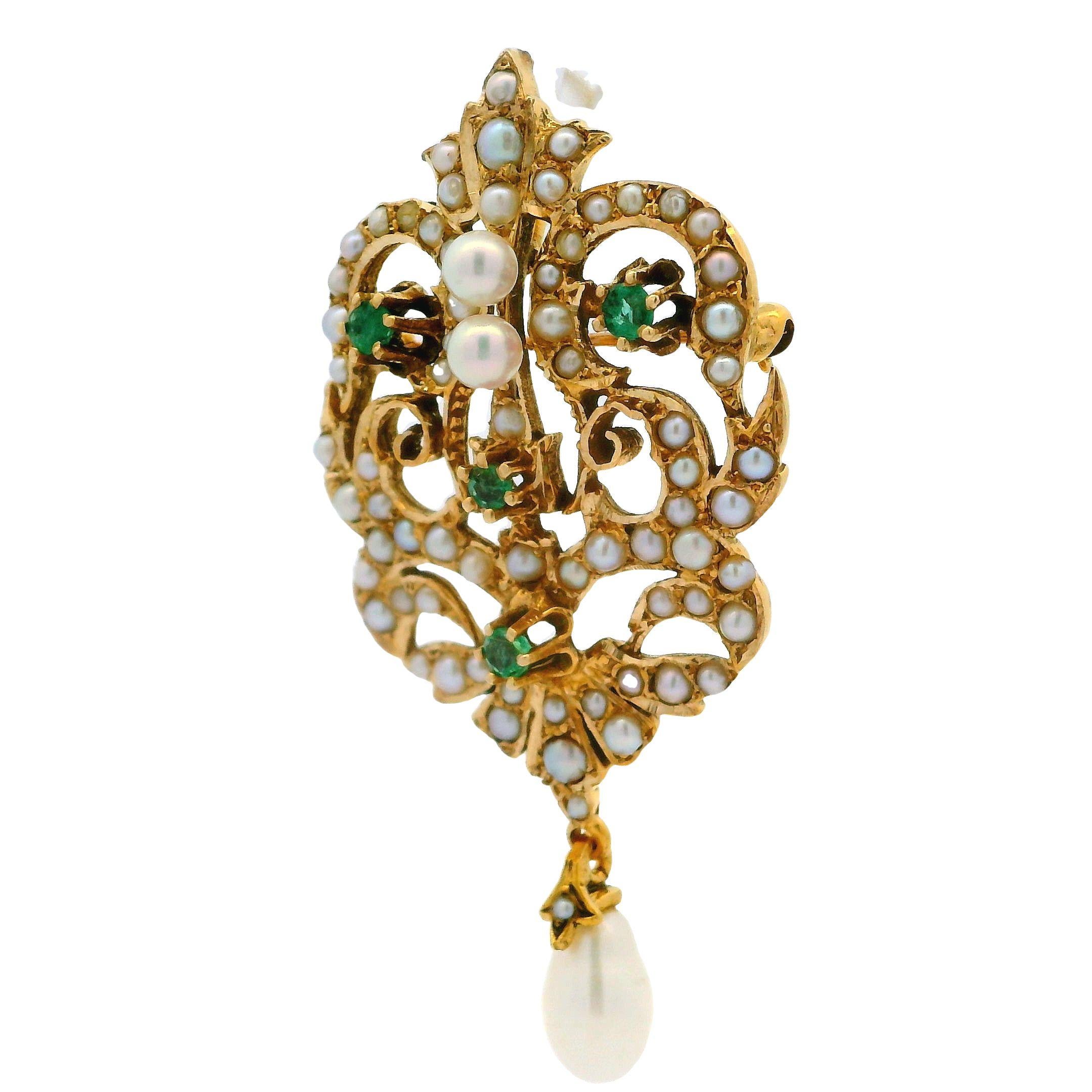 Vintage Victorian Revival 14k Yellow Gold Emerald Seed Pearl Pin Brooch ...