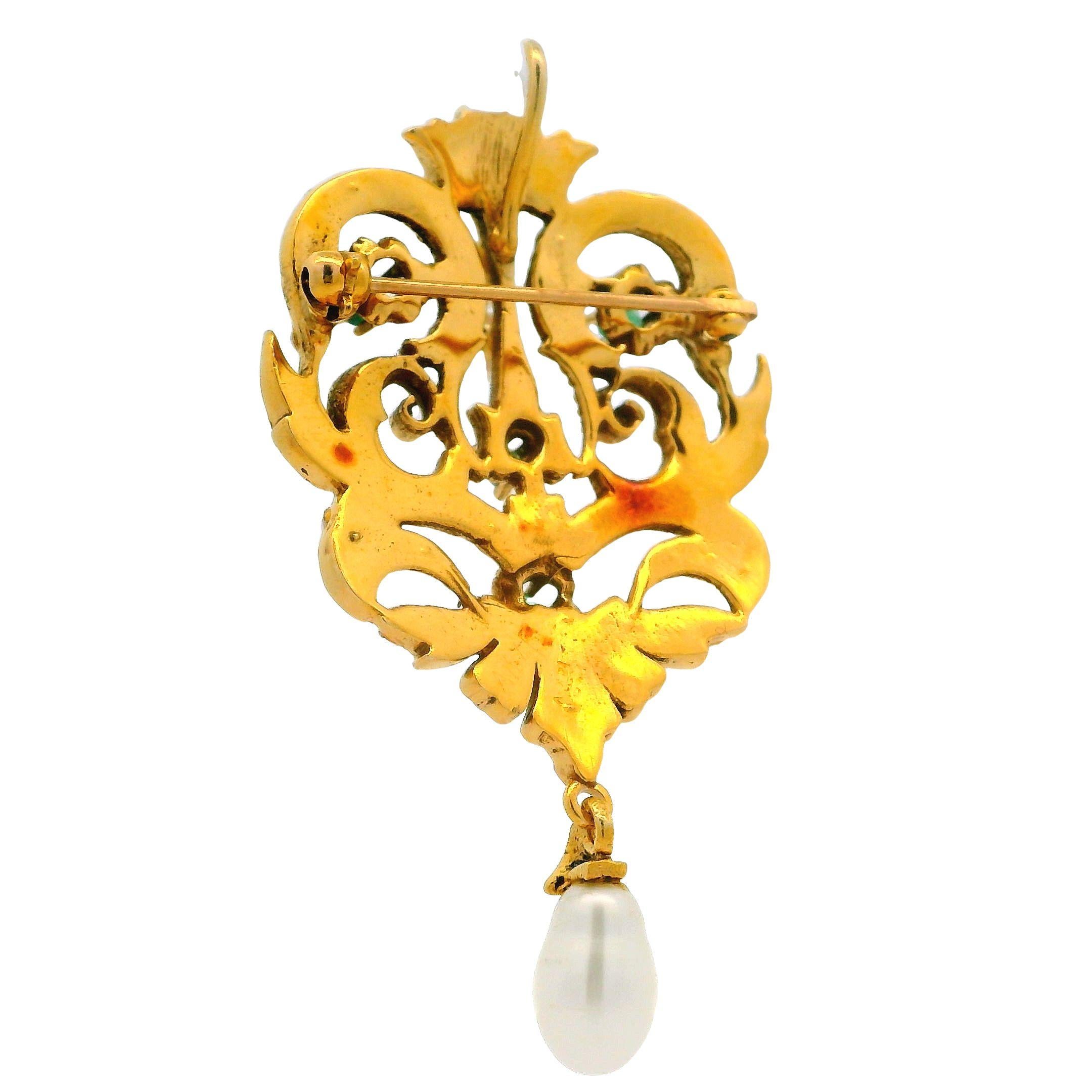 Vintage Victorian Revival 14k Yellow Gold Emerald Seed Pearl Pin Brooch ...