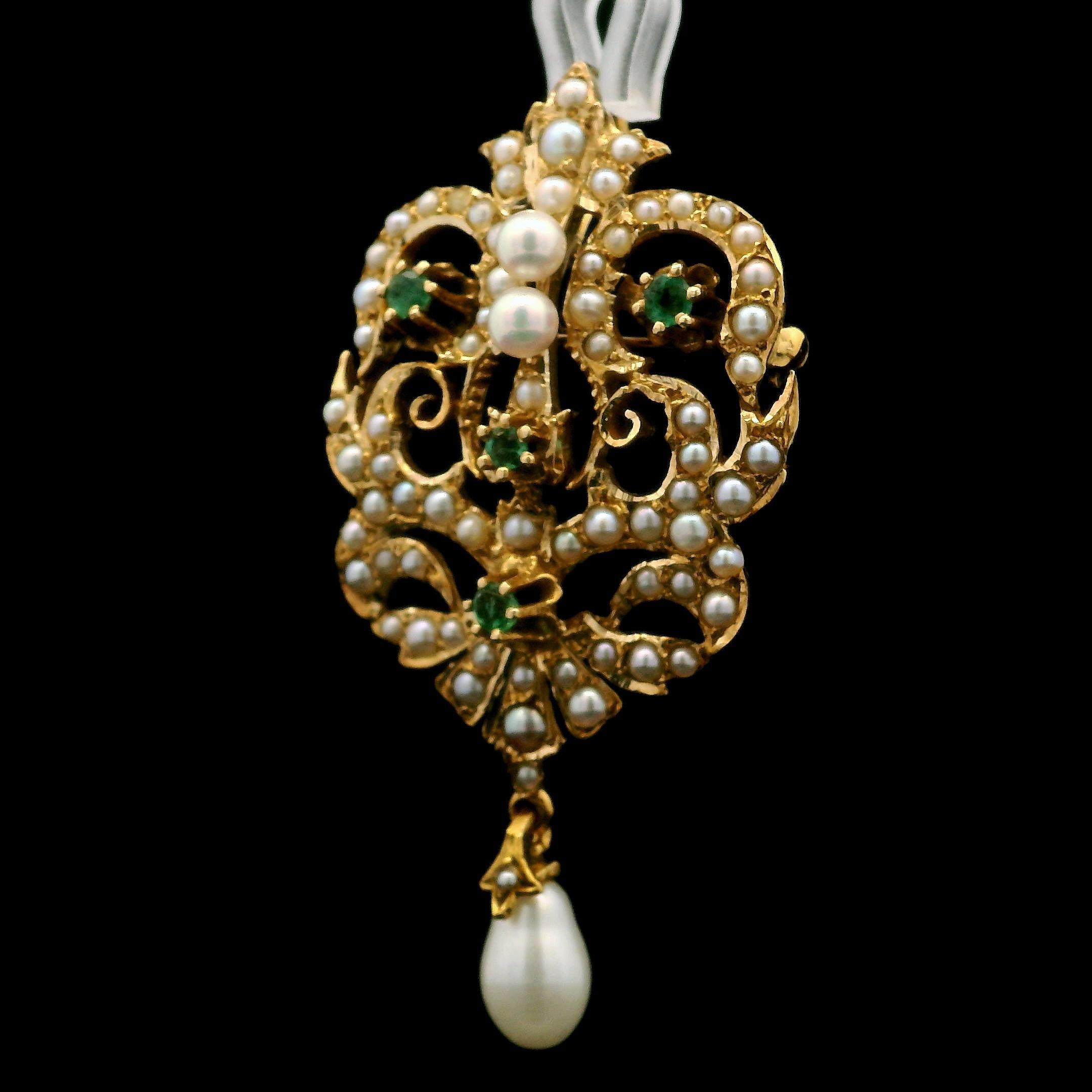 Vintage Victorian Revival 14k Yellow Gold Emerald Seed Pearl Pin Brooch ...