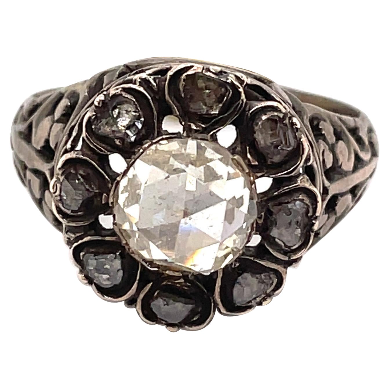 Rare Large Rose-Cut Diamond in Original Hand Carved Ring at 1stDibs