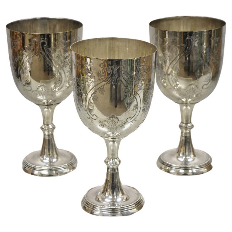 Vintage Victorian Style Silver Plated Large Etched Wine Goblet Cup, Set ...