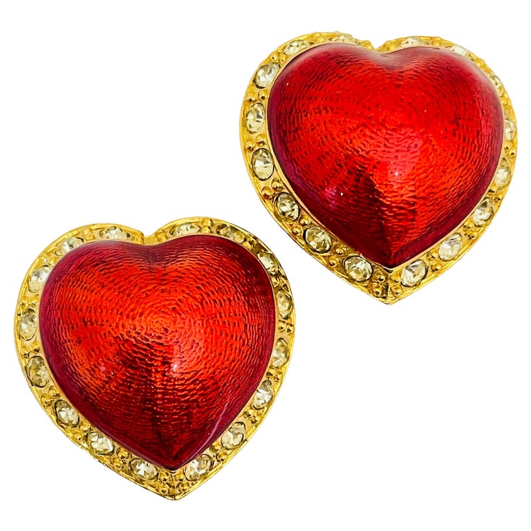 Vintage VICTORIAS SECRET gold red enamel heart designer runway clip on ...