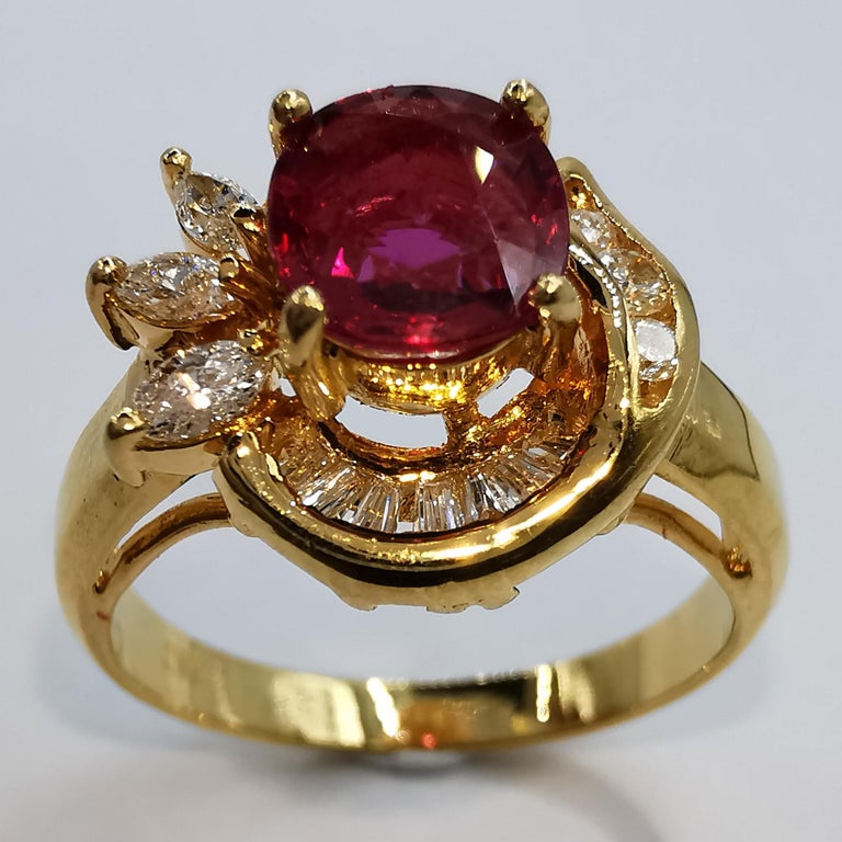 Vintage Vivid Red Oval Cut Ruby and Marquise Diamond Ring in Yellow ...